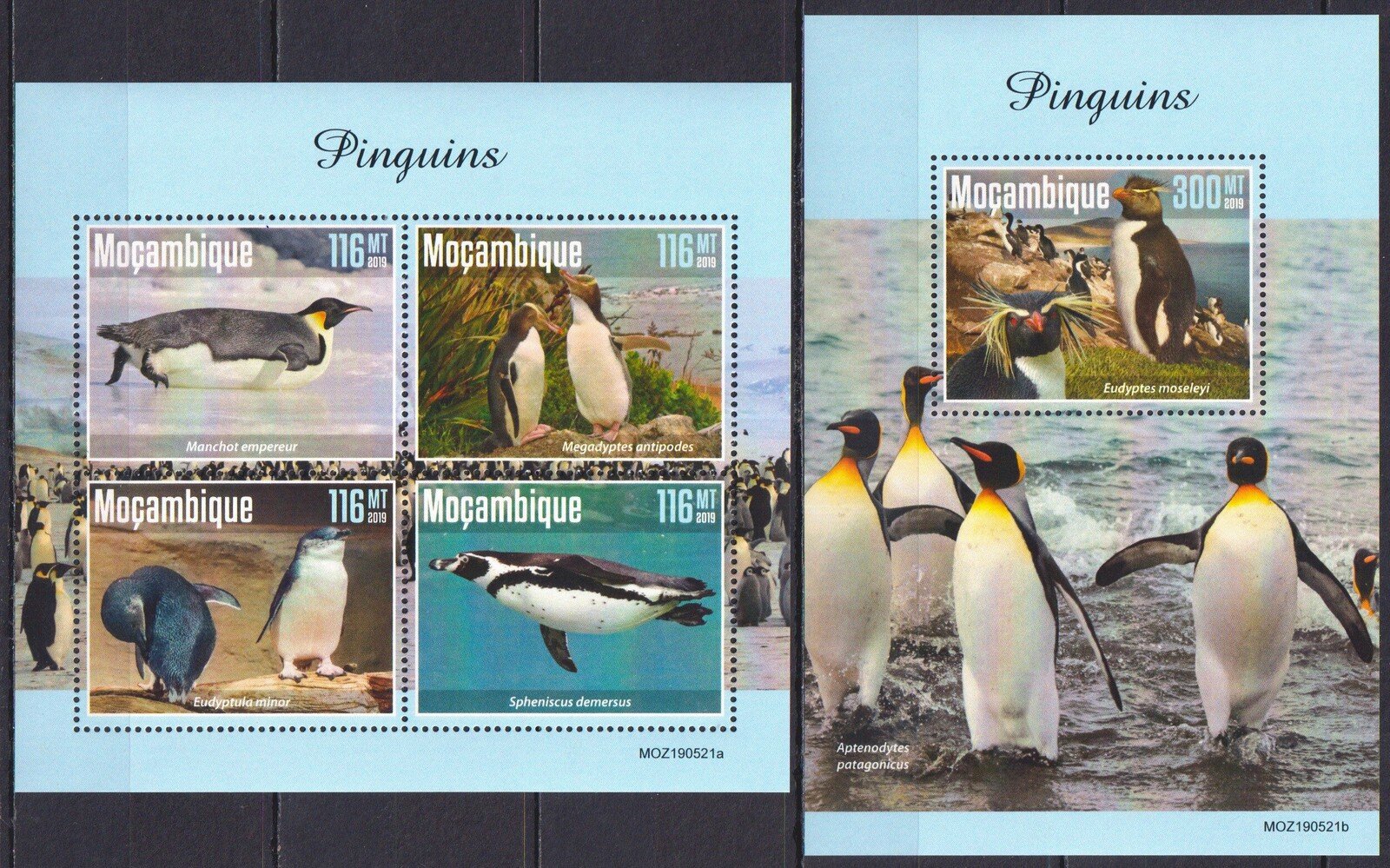 Марки 2019 год Мозамбик Пингвины Птицы Фауна #10621-624+Bl1560 Mnh