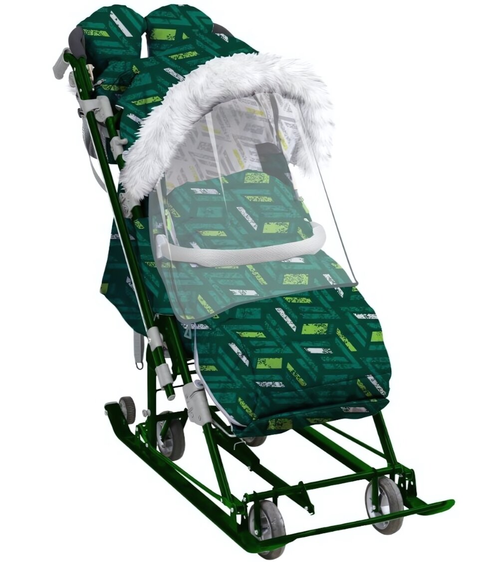 Санки-коляска NIKA 7-8SK зеленые, складной каркас с качалкой, шерстяной мех, бампер, ручка-трость