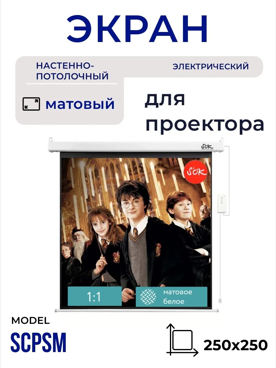 Экран для проектора S'OK кинопроекционный S'OK SCPSM-250X250, белый, моторизованный