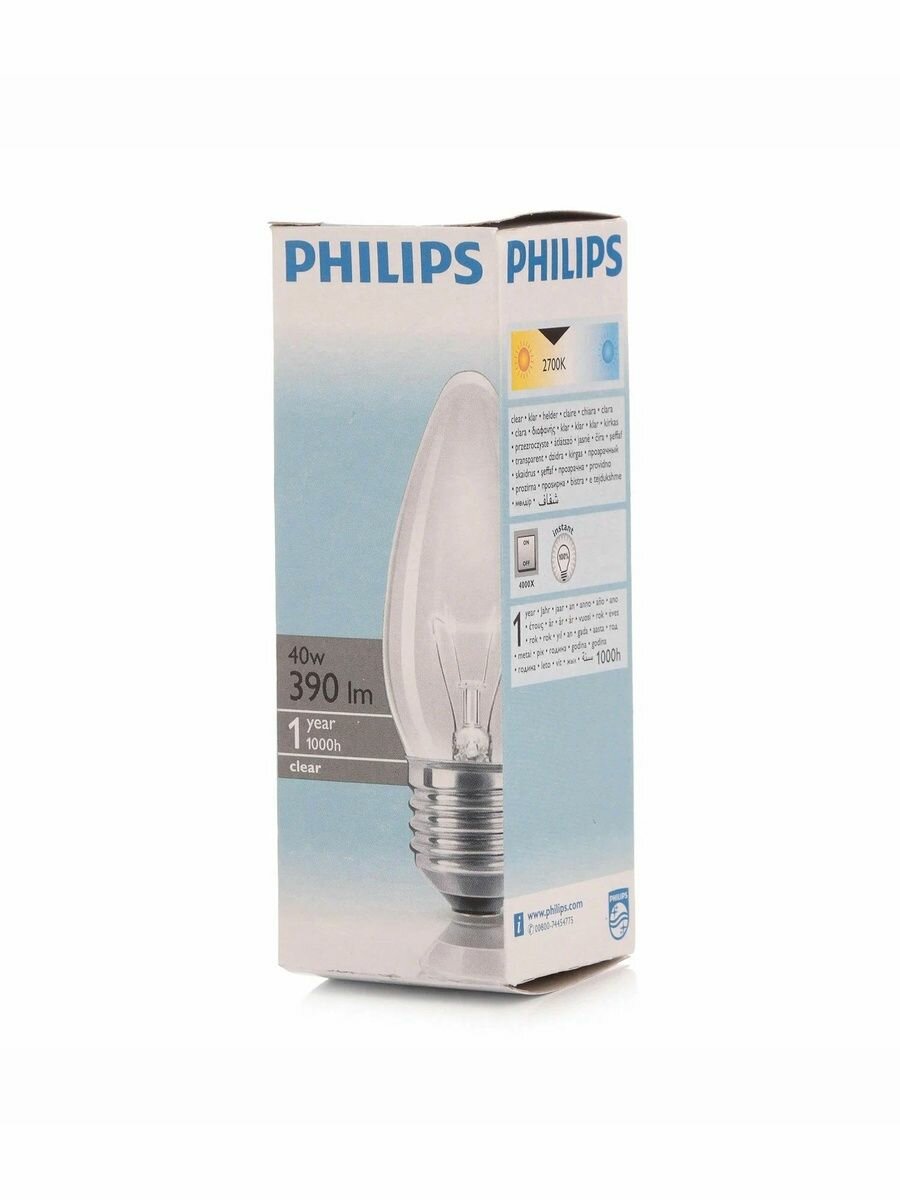 Лампа накаливания декоративная свеча ДС 40вт B35 230в E27 Philips (1уп-10шт.)