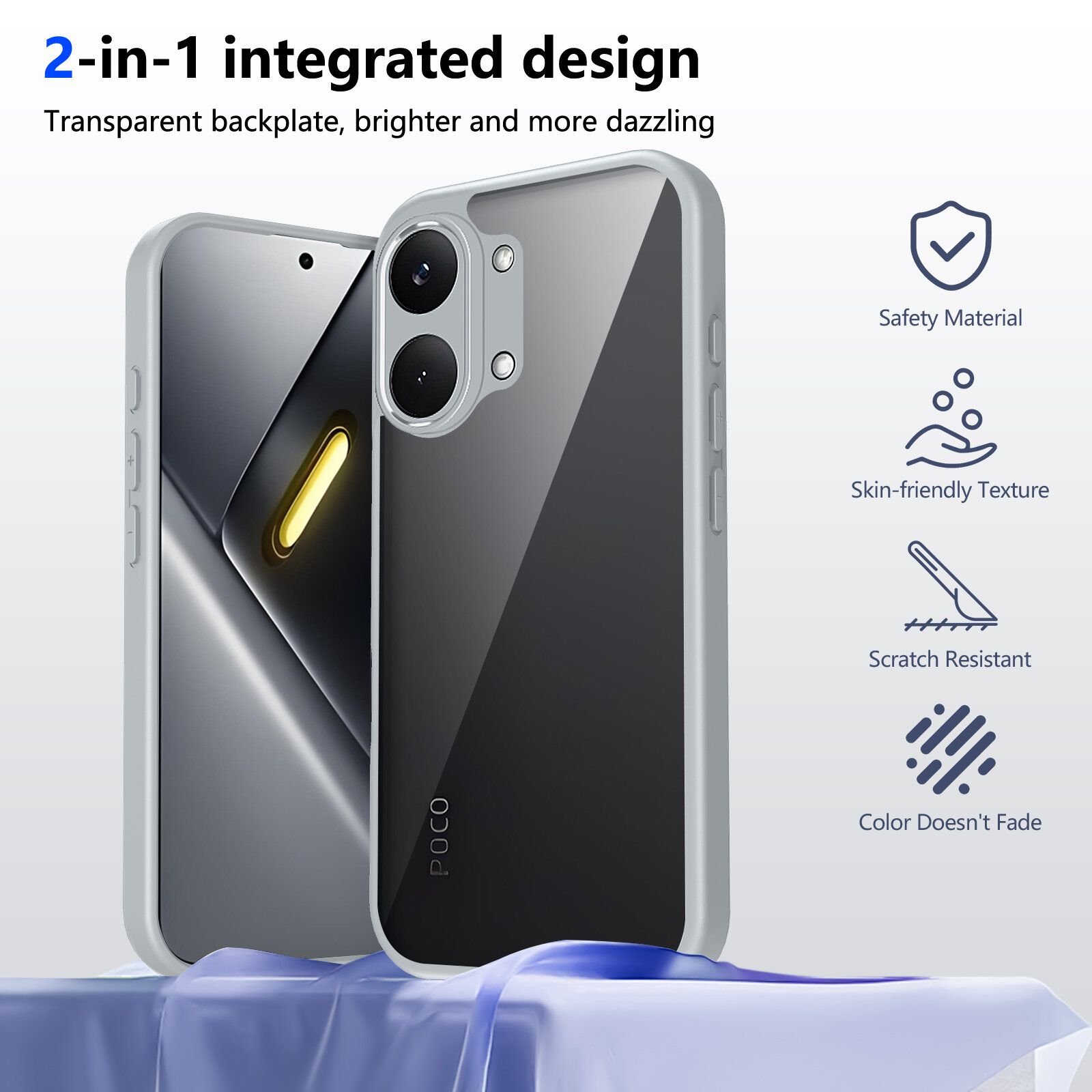 0Чехол-сумка "soft touch", прозрачная задняя панель, серый силикон, противоударный, для Poco X8 Pro Max — фото 1