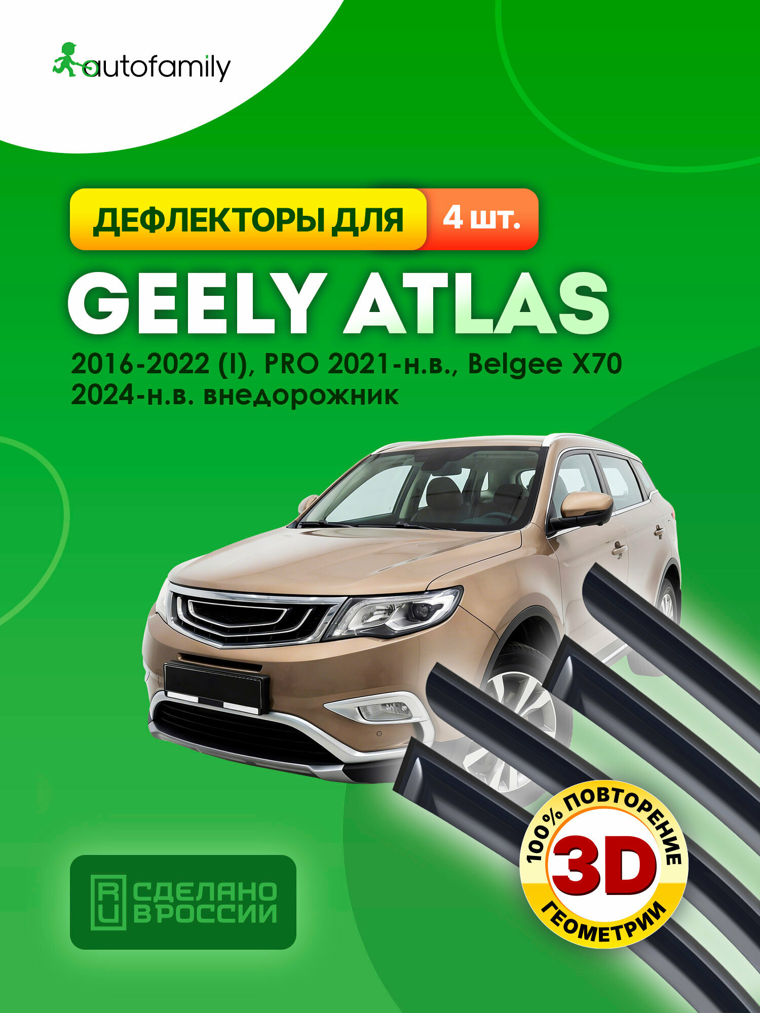 Дефлекторы окон для GEELY ATLAS 2016-2022 (I), PRO 2021-н. в, Belgee X70 2024-н. в. внедорожник 5 дв. REIN 4 шт. / Джили Атлас