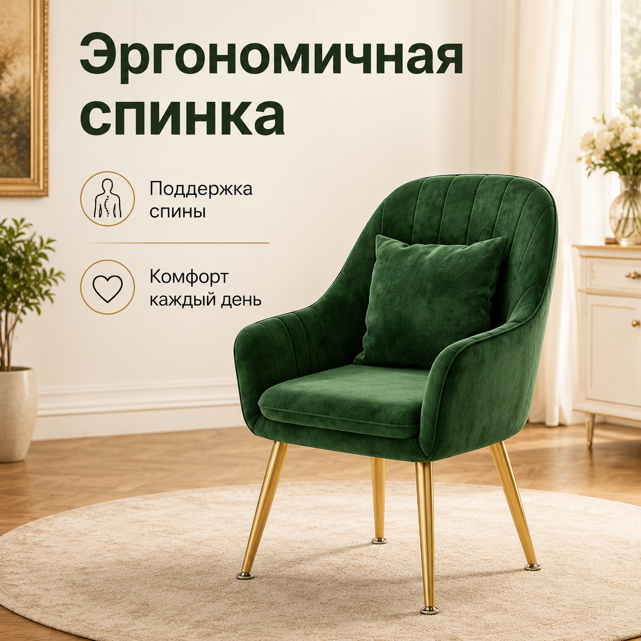 Два велюровых стула с подушкой, стальные ножки под золото, комфортные стулья для туалетного столика, 2 шт. — фото 1