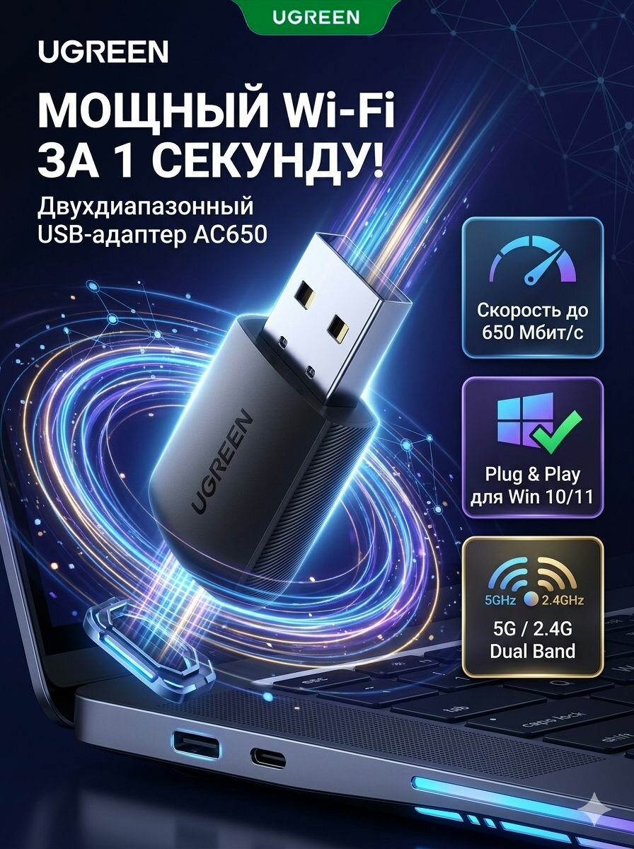 Wi-Fi адаптер USB Ugreen AC650 двухдиапазонный 5G / 2.4G для компьютера и ноутбука (CM448)