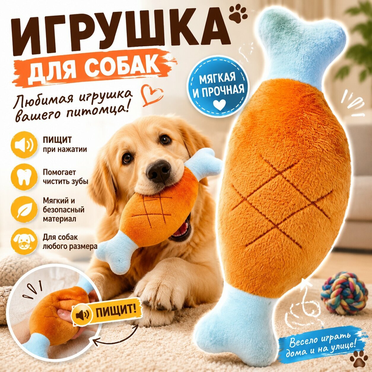 Игрушка для собак косточка с пищалкой, мягкая игрушка для щенков и маленьких пород антистресс