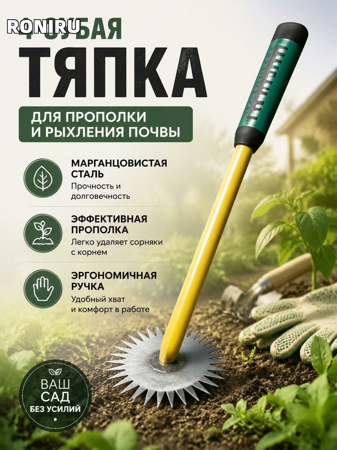4-зубая тяпка для прополки и рыхления почвы из марганцовистой стали с эргономичной ручкой для удобной работы в саду
