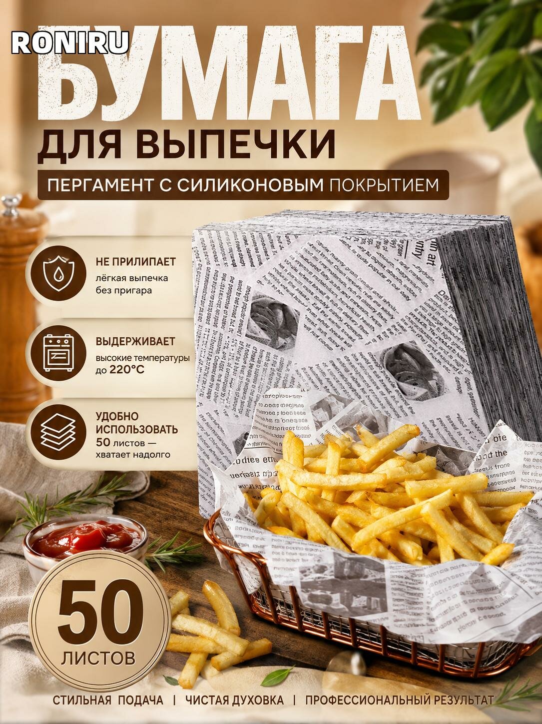 Бумага для выпечки — пергамент с силиконовым покрытием, 50 листов с газетным принтом в ретро и современном стиле