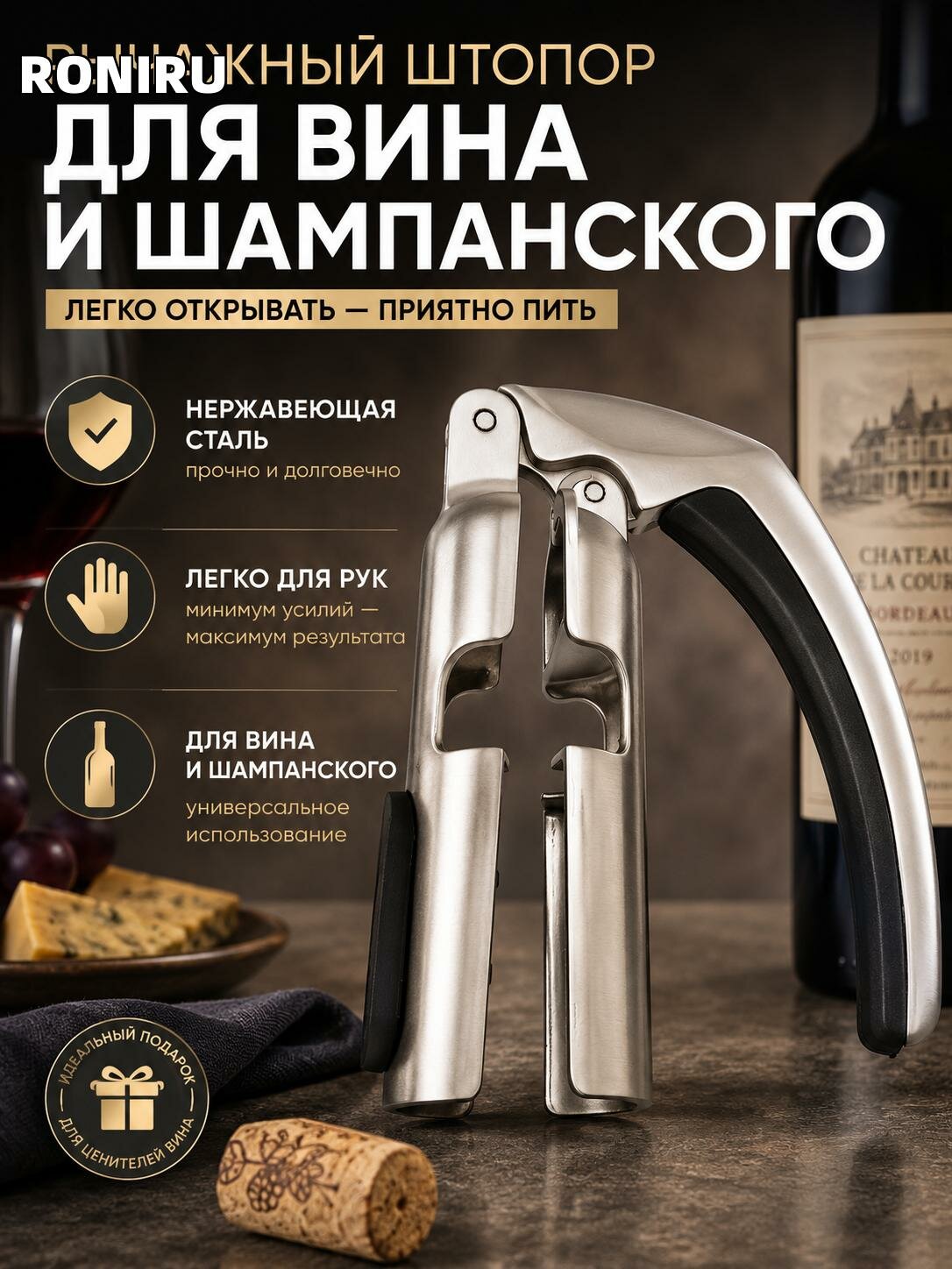 Рычажный штопор для вина и шампанского из нержавеющей стали — удобное и надёжное открывание бутылок для слабых рук