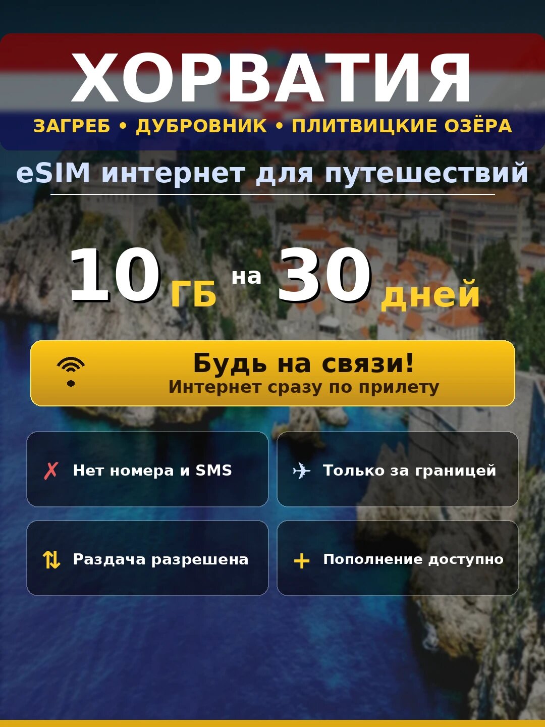 ESIM Хорватия — мобильный интернет 10 ГБ на 30 дней | виртуальная SIM-карта для путешествий
