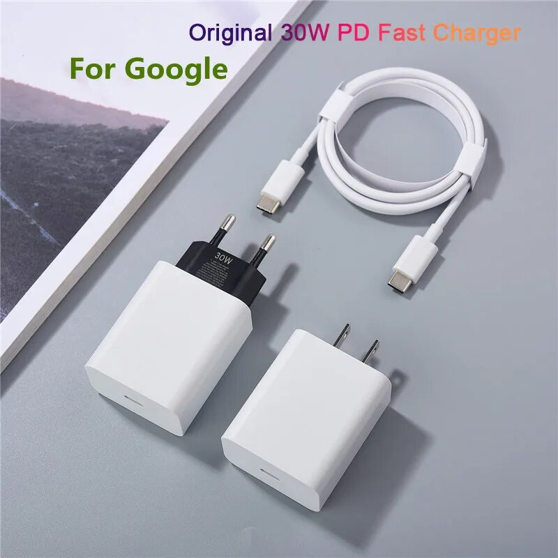 Оригинальное зарядное устройство мощностью 30 Вт для Google Pixel 9 8 7 6 Pro XL 3 4 9A, адаптер питания с вилкой европейского/американского стандарта, совместимый с устройством USB-C — фото 1