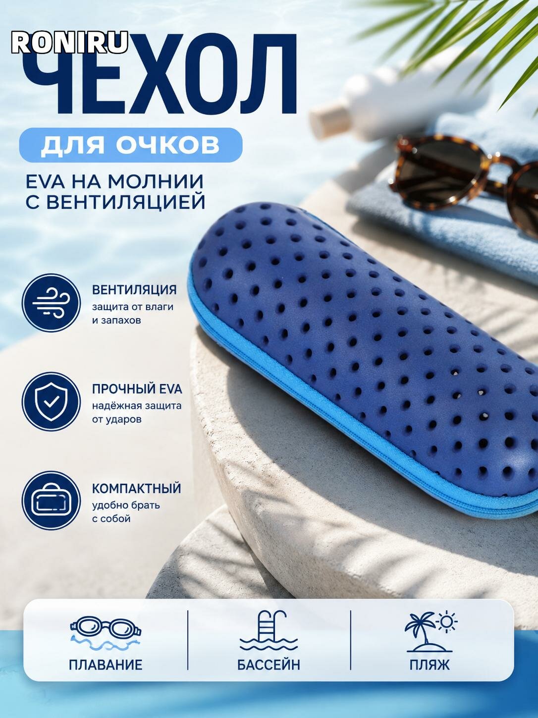 Чехол для очков EVA на молнии с вентиляцией — компактный прочный футляр для плавания, бассейна и пляжа и аксессуаров