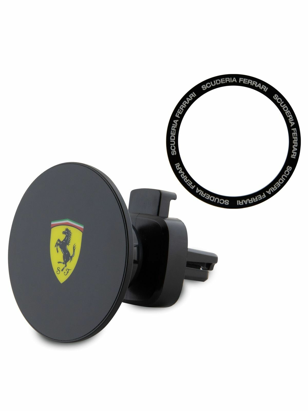 Автомобильный держатель для телефона Ferrari MagSafe Air Vent крепится на решётку воздуховода, вращается на 360 , с магнитным кольцом в комплекте, черный