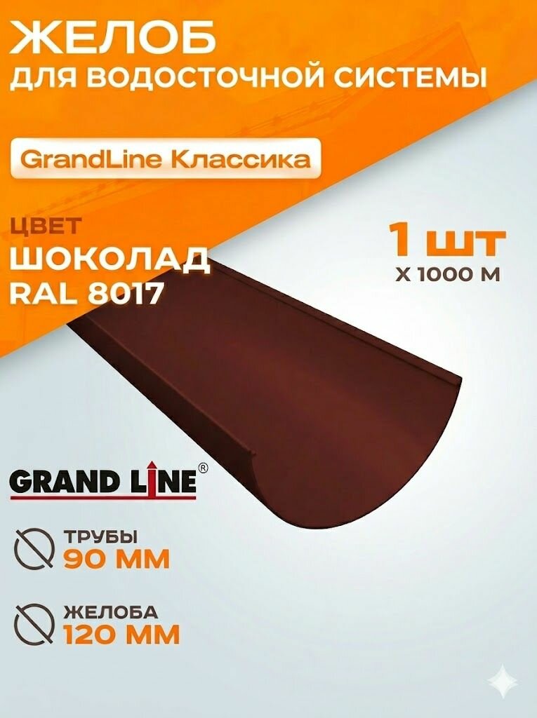 Желоб водосточный пластиковый ПВХ Grand Line (Гранд Лайн) 1 Метр, Шоколад RAL 8017, 1 шт, Желоб на крышу дома