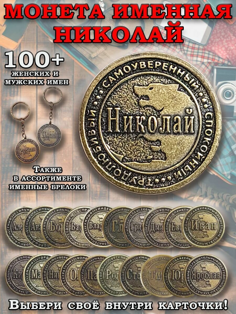 Монета коллекционная сувенирная, именной талисман (оберег, амулет), сувенир из латуни в кошелёк и личную коллекцию с именем "Николай" (Коля)