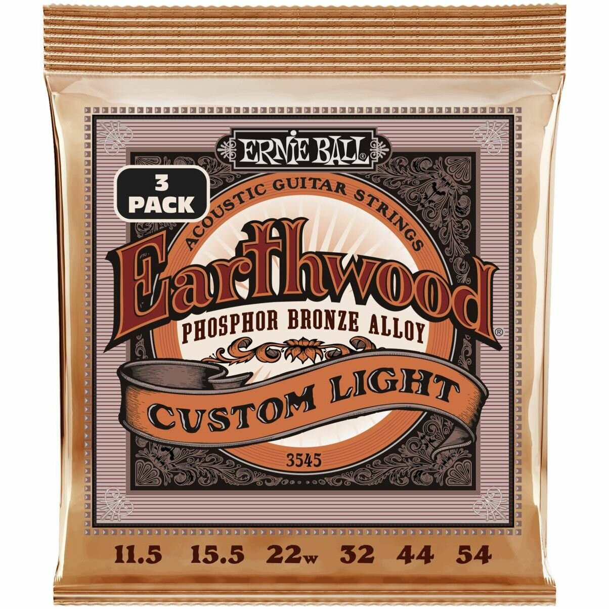 Струны для акустической гитары ERNIE BALL 3545 Earthwood Phosphor Bronze Custom Light 3 Pack 11.5-54, 3 комплекта по 6 шт