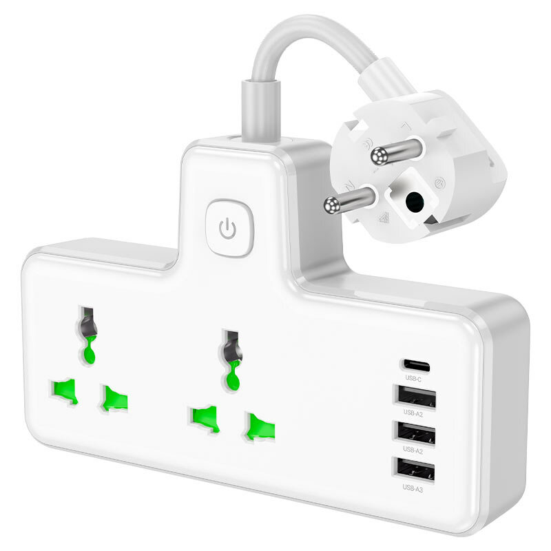 Компактный сетевой разветвитель-удлинитель Hoco ac11a, белый / AC x2, Type-C, USB-A x3, Power Delivery 3.0