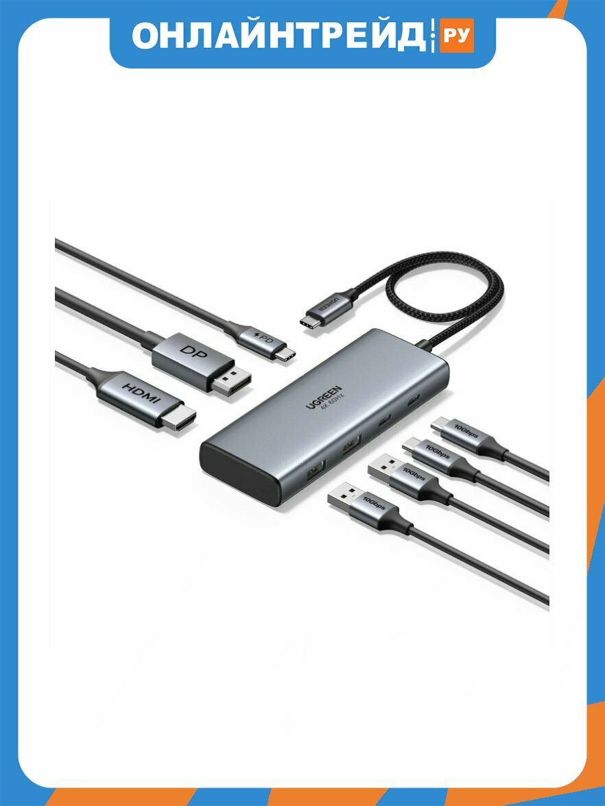Хаб (разветвитель) Ugreen CM498 7-in-1, USB-C, HDMI/2*USB-C/2*USB-A/USB-C, темно-серый(75902)