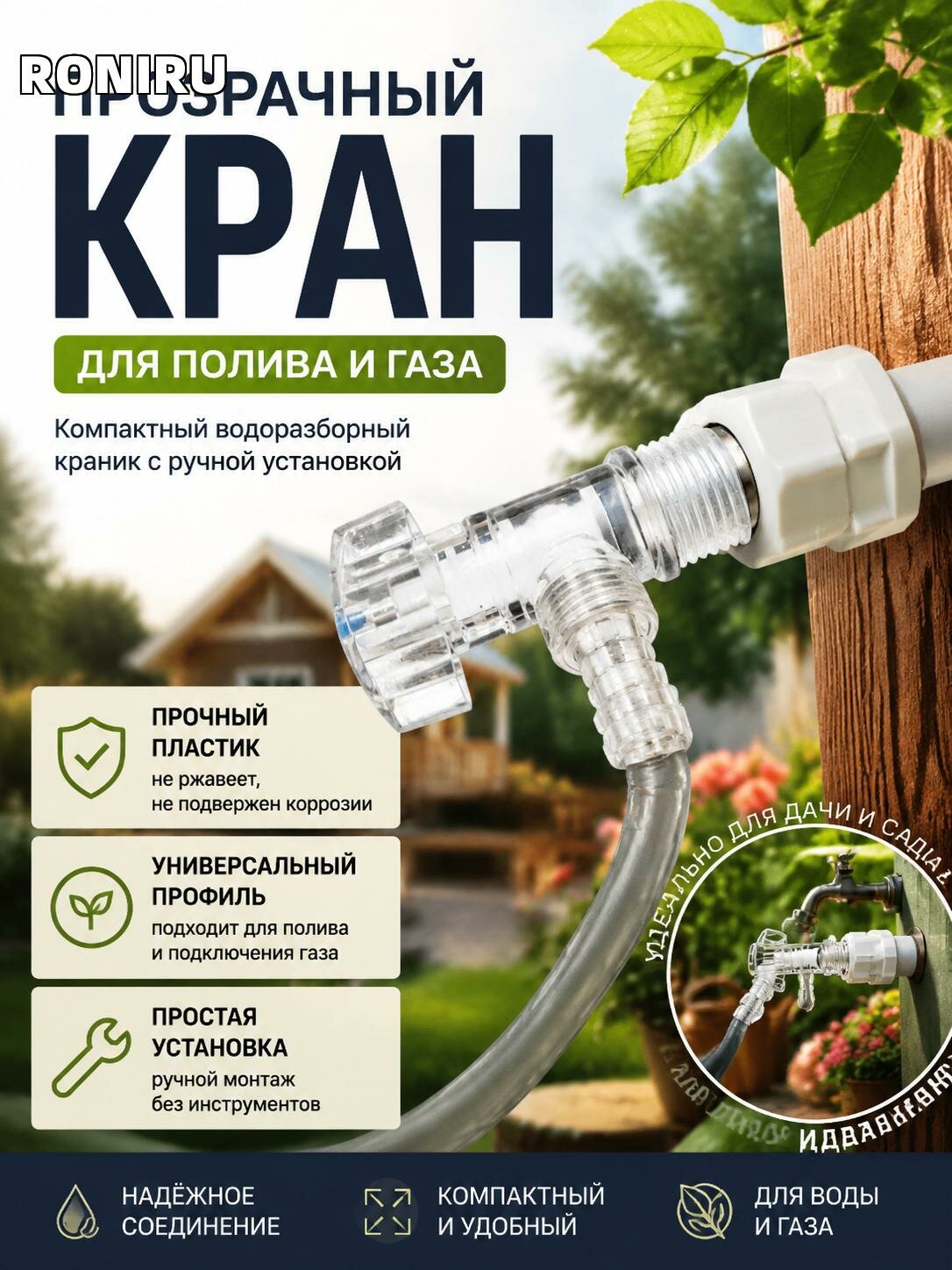 Прозрачный пластиковый кран для полива и газа, компактный водоразборный краник с ручной установкой для сада на даче