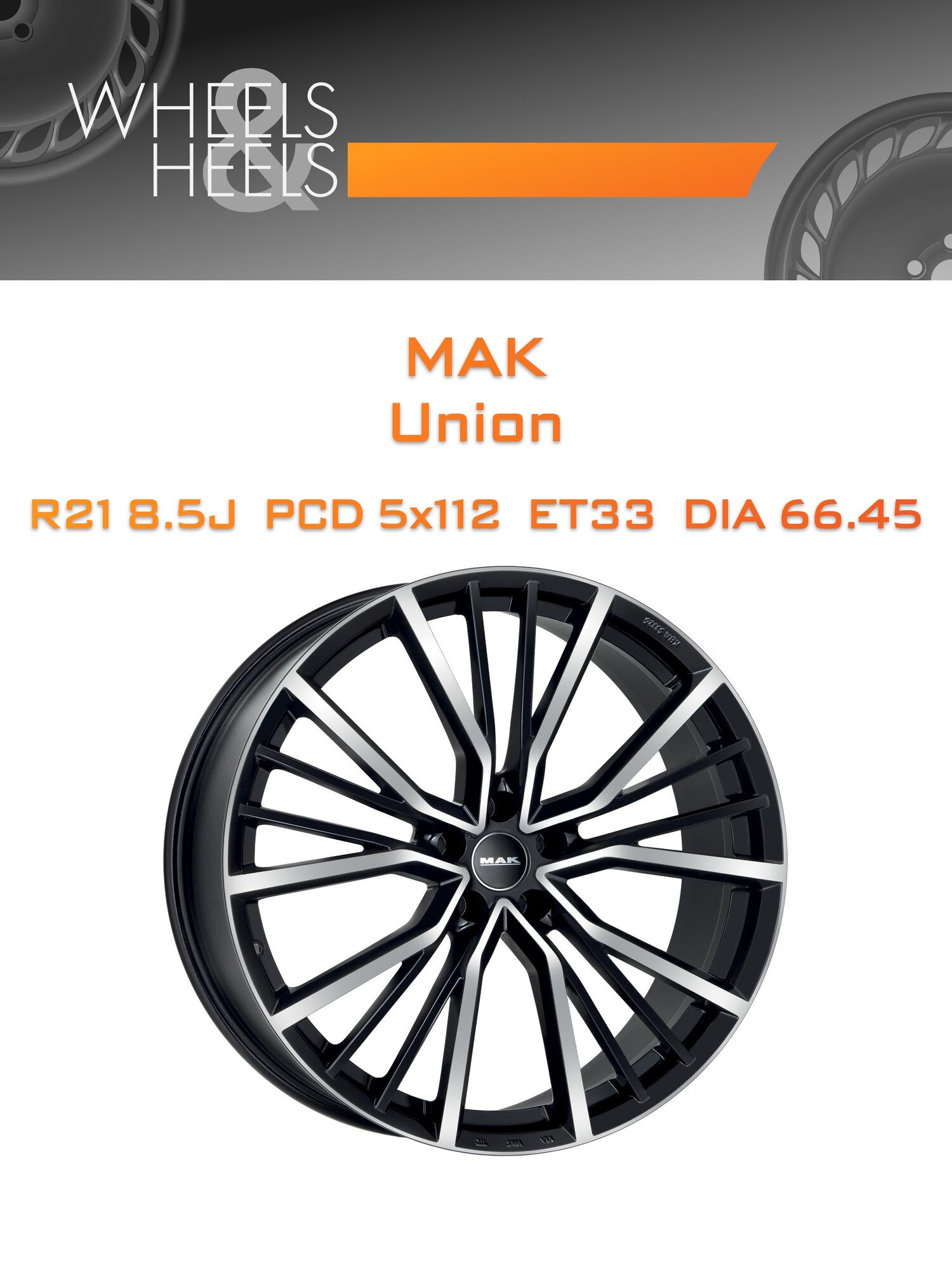 Диск автомобильный литой MAK Union 21x8.5 5x112 et33 dia66.45 Чёрный глянцевый с полированной лицевой частью