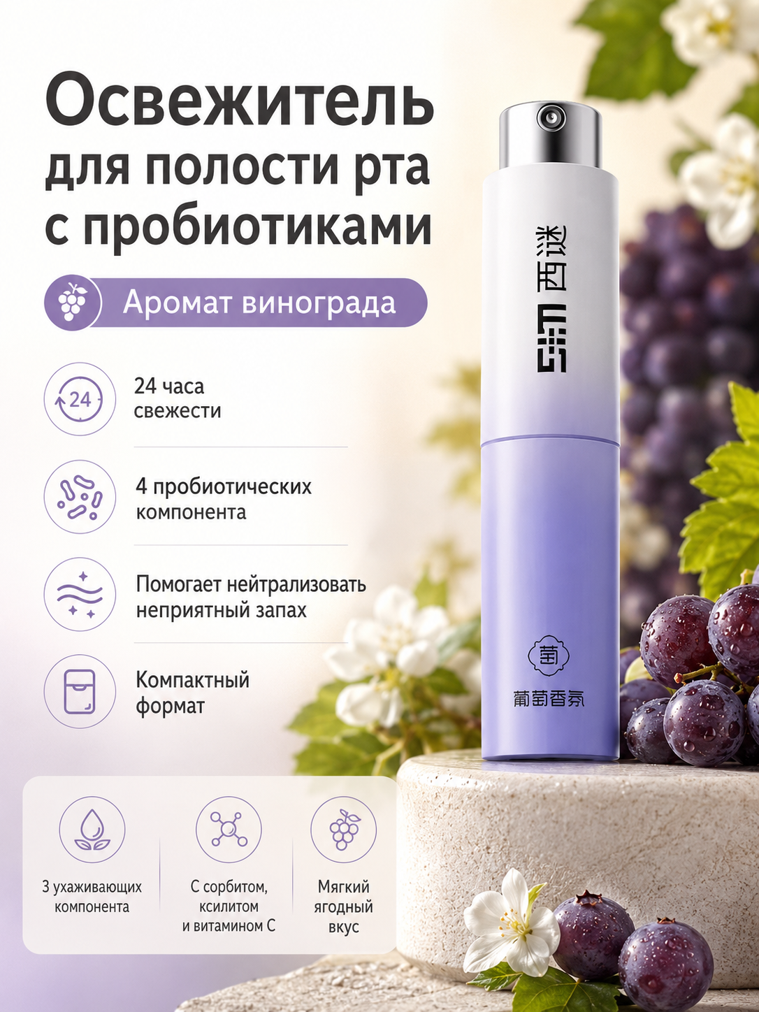 Освежитель для полости рта 8 мл, виноградный аромат, компактное средство для свежего дыхания