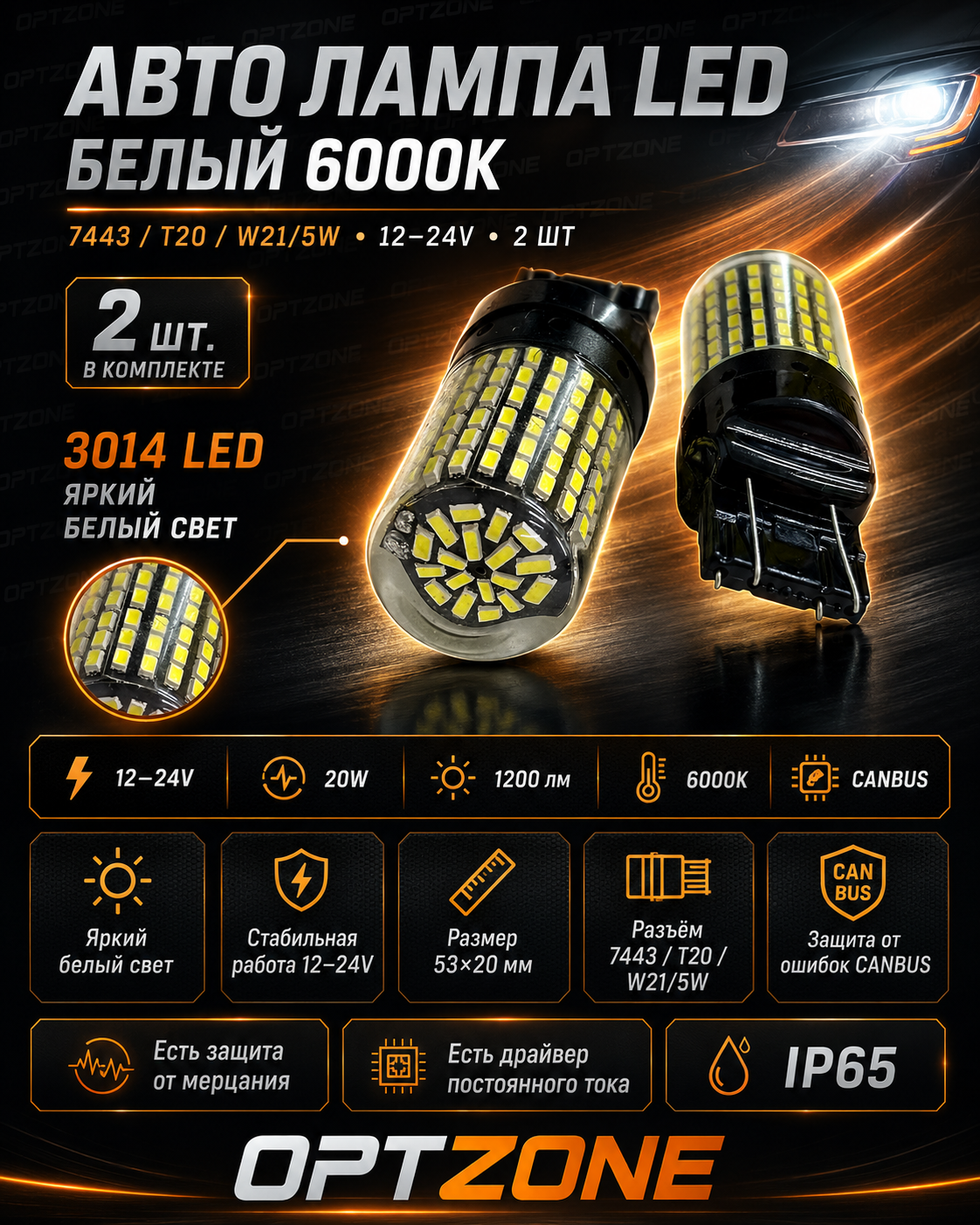 Автолампы светодиодные Helpico T20 7443 W21/5W 6000K, белые, 2 шт