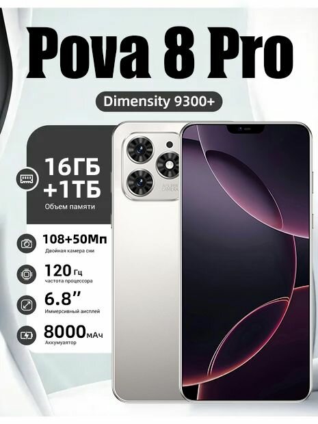 Смартфон Tenco Pova 8 Pro Ростест (EAC) 16/1 ТБ, Nano-SIM, серый, серебристый