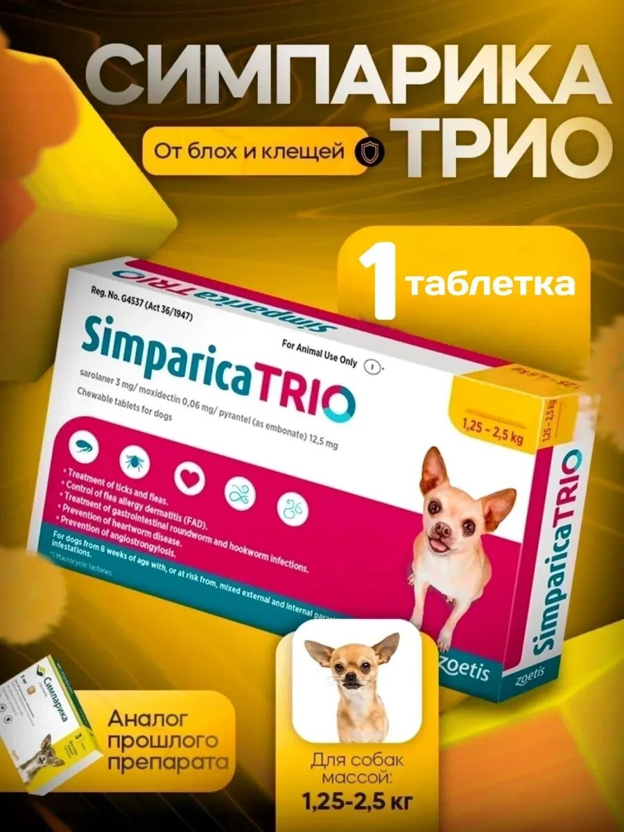 Симпарика трио 1 таблетка от блох и клещей весом от 1.25 - 2.5 кг