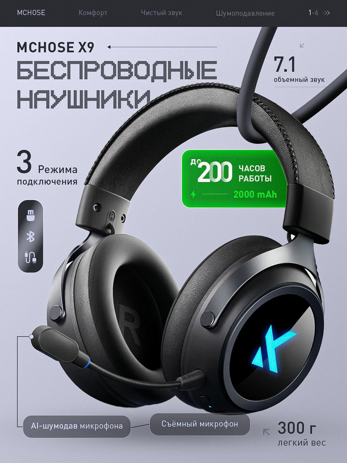 MCHOSE Наушники беспроводные с микрофоном MCHOSE x9, Bluetooth, Радиоканал, 3.5 мм, черный, синий