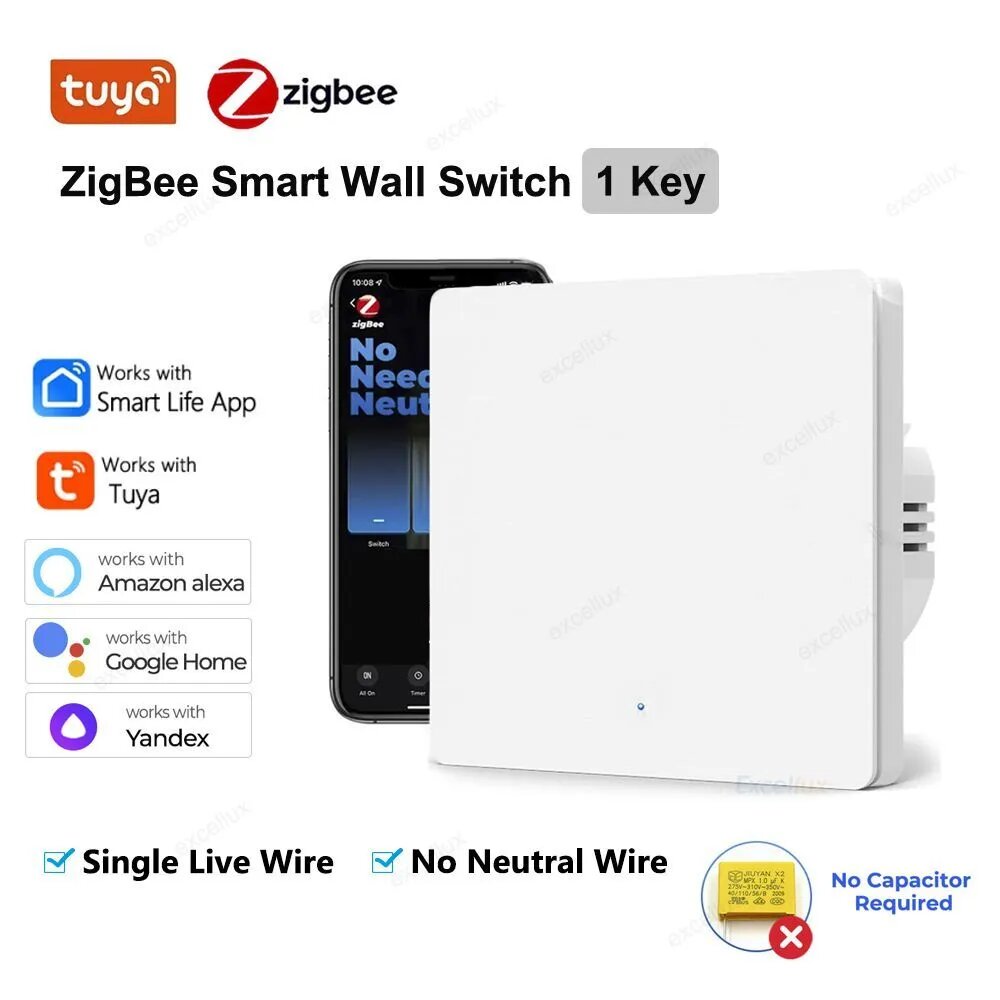 Умный выключатель Zigbee с Алисой, без нуля, одноклавишный, Tuya smart life