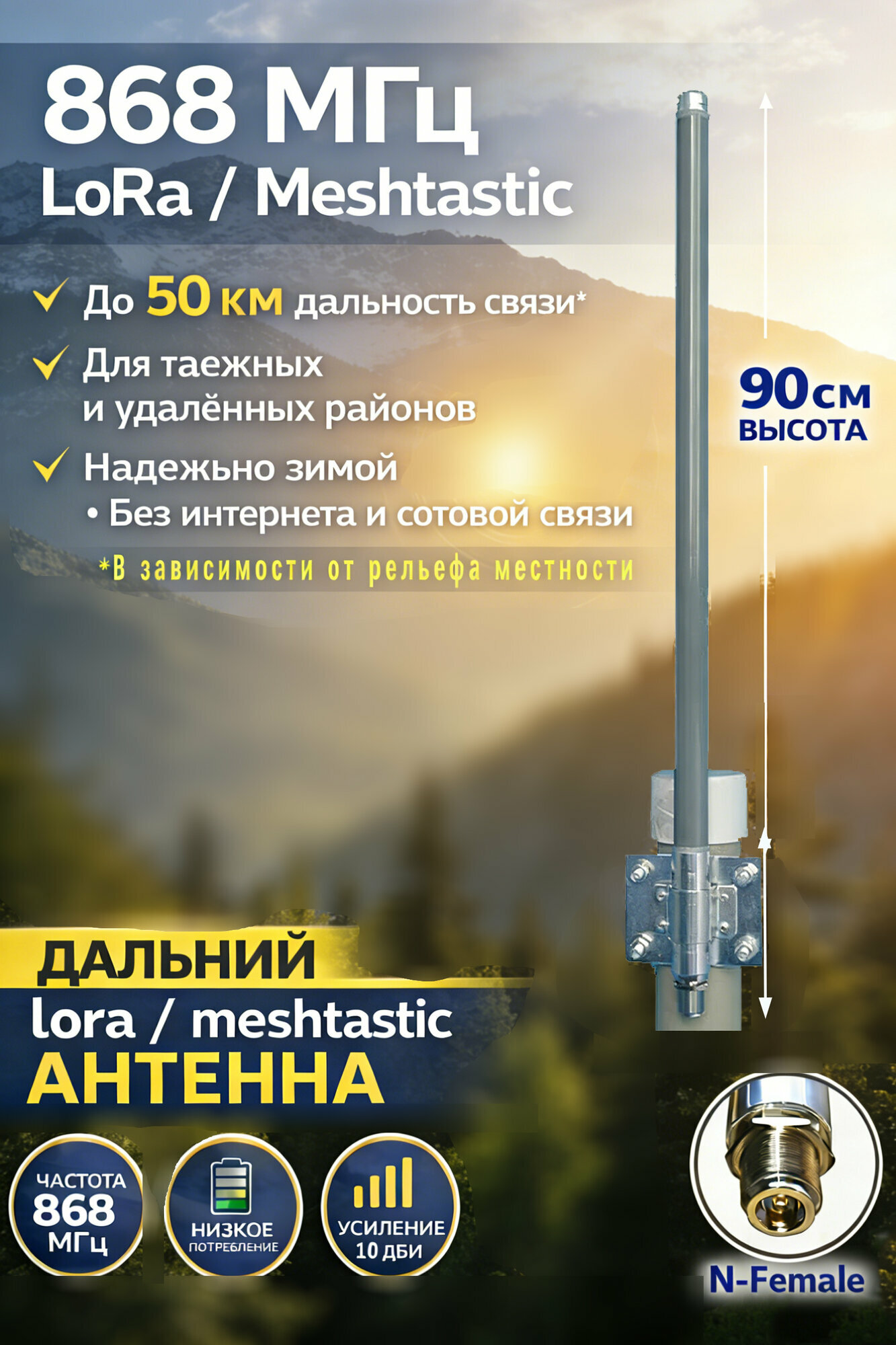 Наружная антенна 840–960 МГц 10 dBi для дальних расстояний LoRa Meshtastic 0.9 м