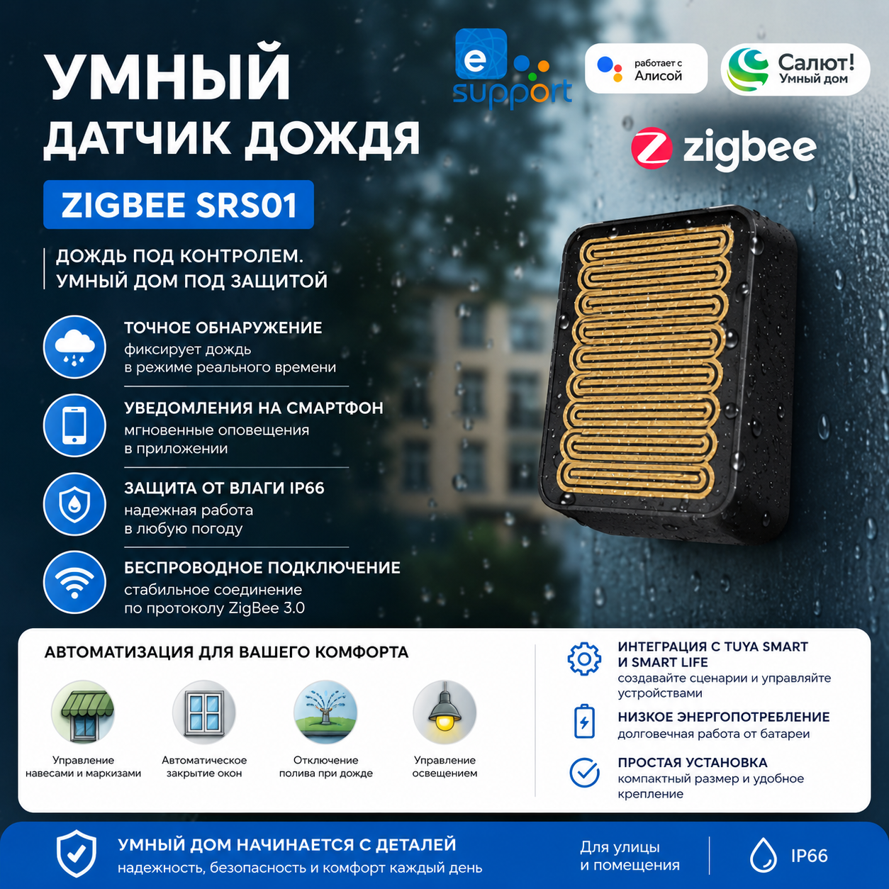 Датчик дождя Zigbee SRS01 для умного дома Tuya Smart Life, IP66, беспроводной — фото 1