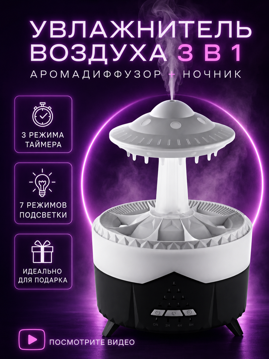 Увлажнитель воздуха ультразвуковой Гриб TWO VERSION, Аромадиффузор с подсветкой, Увлажнитель воздуха, Черный