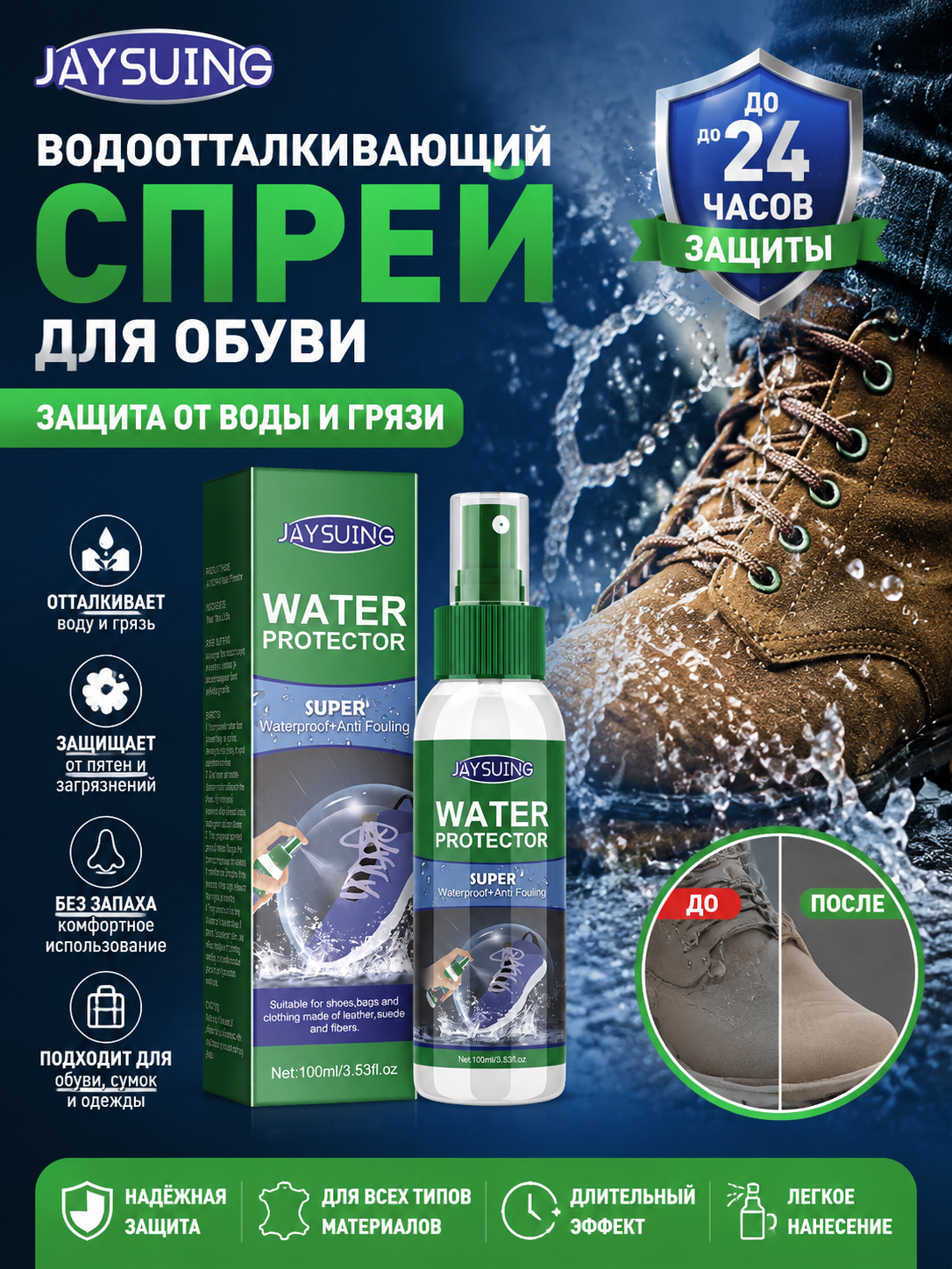 Водоотталкивающий спрей для обуви: защита кожаных ботинок, грязеотталкивающий эффект и безопасная формула без запаха