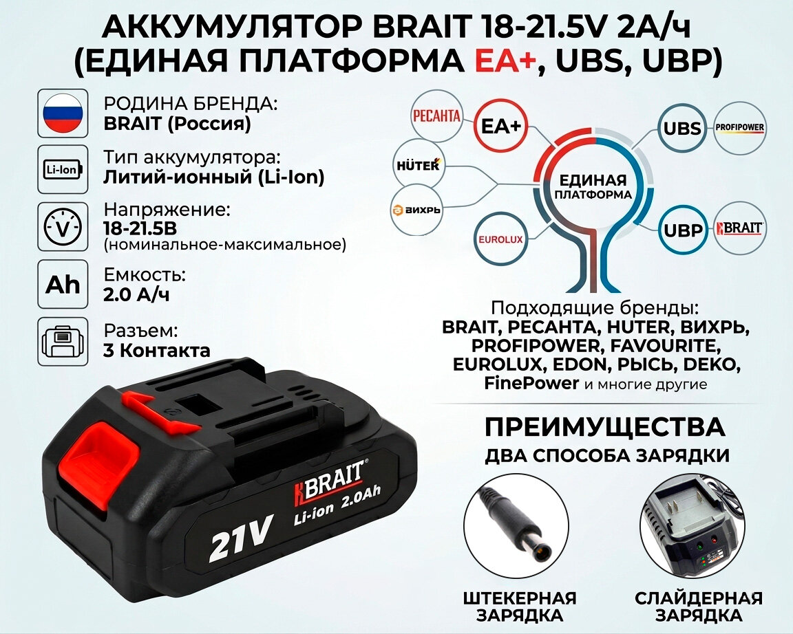 Аккумулятор BRAIT 18-21,5v 2А/ч (единая платформа, EA+, UBS, UBP)