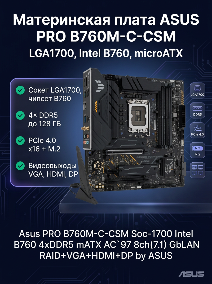 Материнская плата ASUS PRO B760M-C-CSM, LGA1700, Intel B760, DDR5, microATX