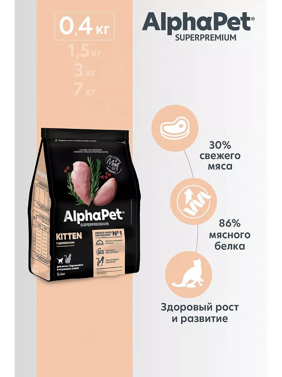 AlphaPet корм для котят и беременных кошек с цыпленком 0,4кг