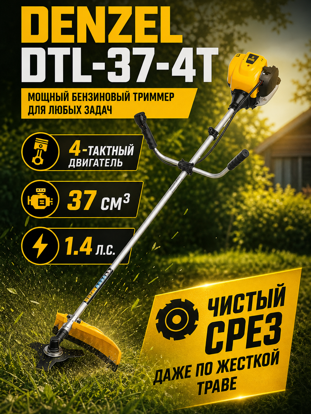 Триммер бензиновый Denzel DTL-37-4T, 4-тактный, 37 см3, неразъемная штанга, желтый/черный