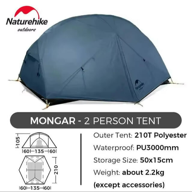 Палатка Naturehike "Mongar 2", трекинговая, быстросборная, двухслойная, 2,2 кг зеленая