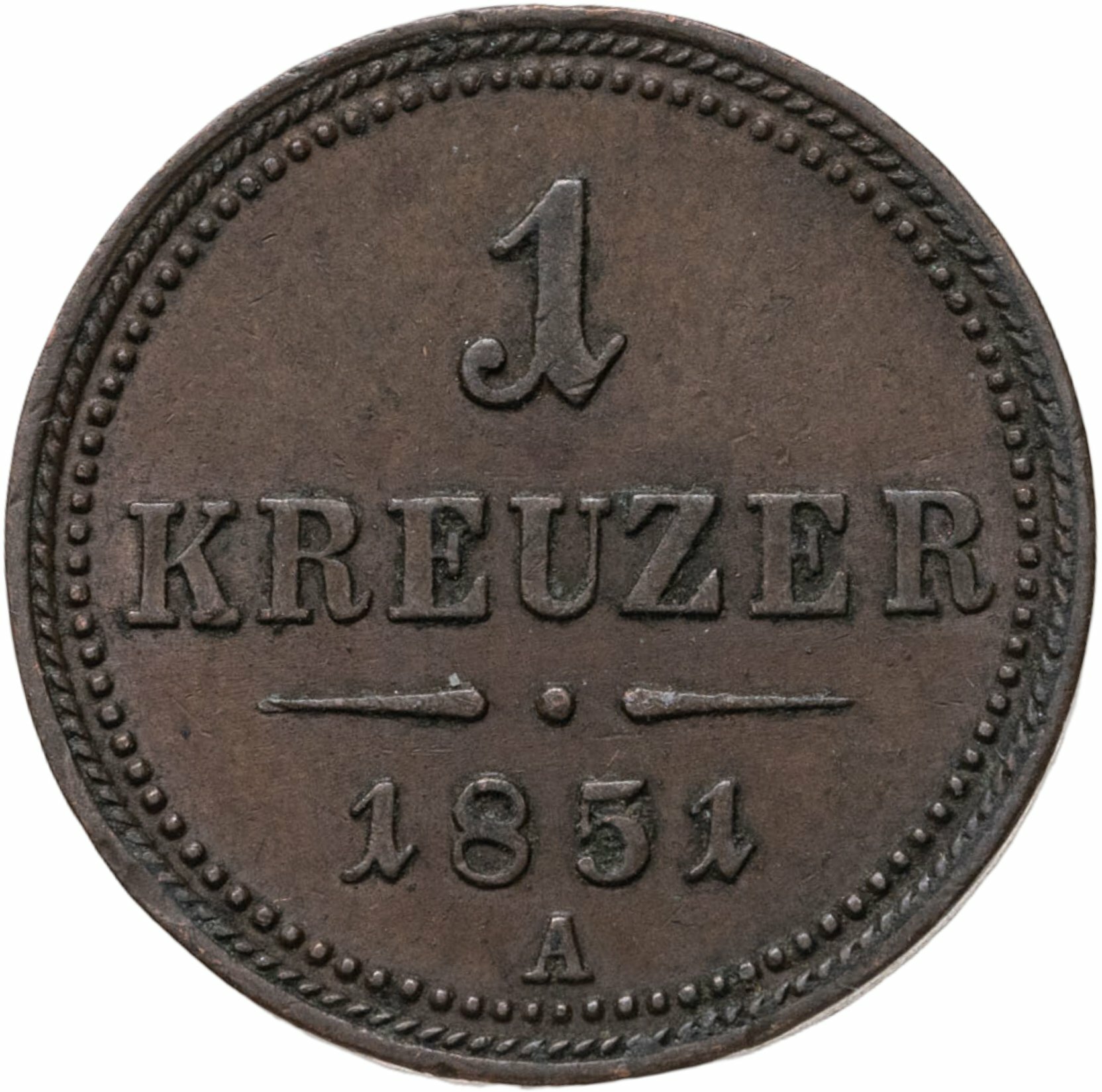 Австрия 1 крейцер 1851, знак монетного двора "A" - Вена, Медь, в сохранности XF