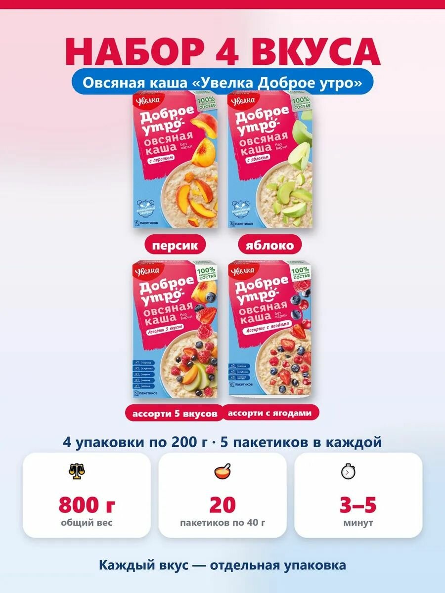 Набор овсяной каши Увелка Доброе утро персик яблоко ассорти 5 вкусов ассорти с ягодами 800 г 20 пакетиков по 40 г