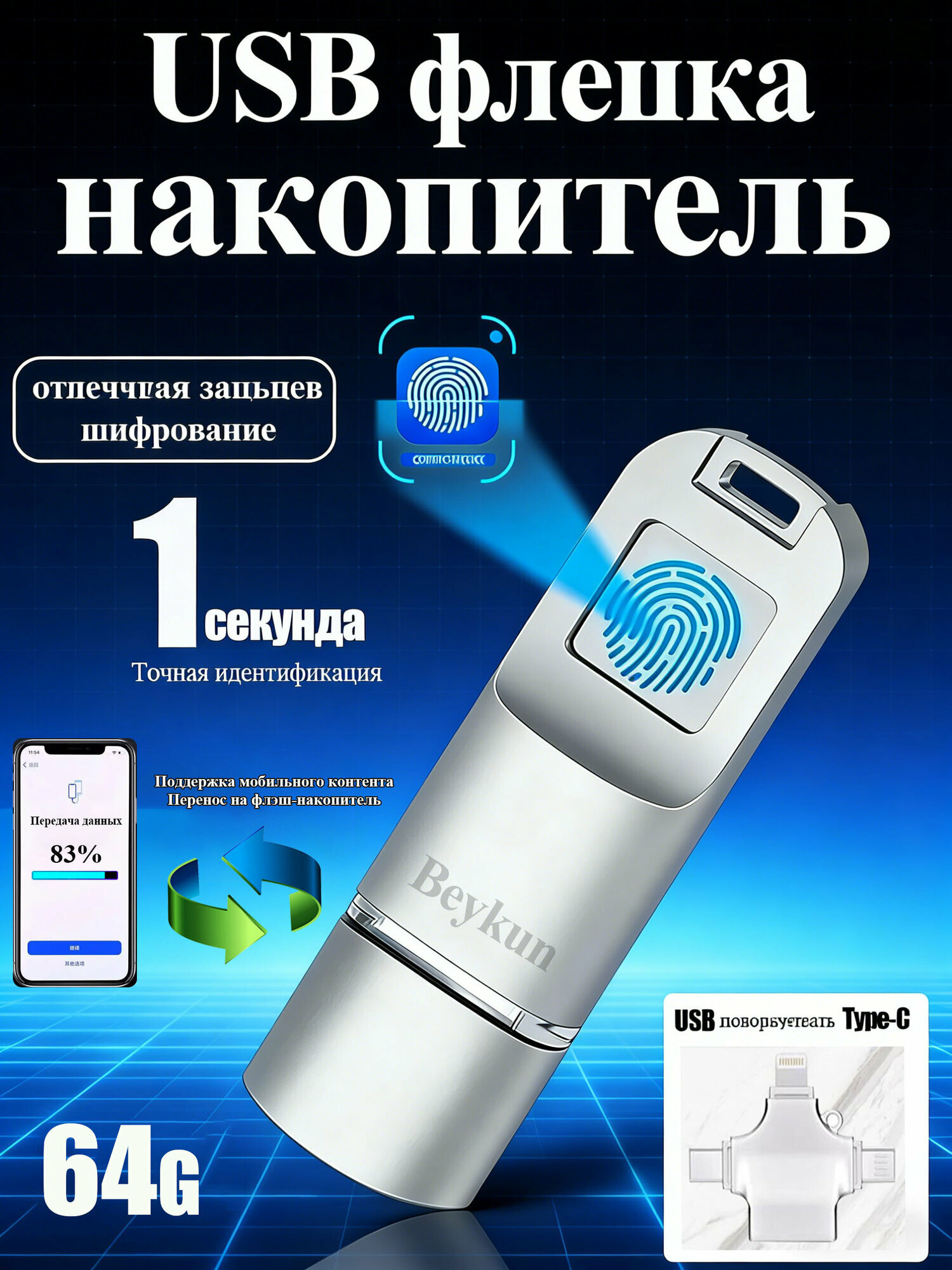 Флэш-накопитель USB3.0, 64G, с адаптером для мобильного телефона Type-C и сканером отпечатков пальцев，портативный