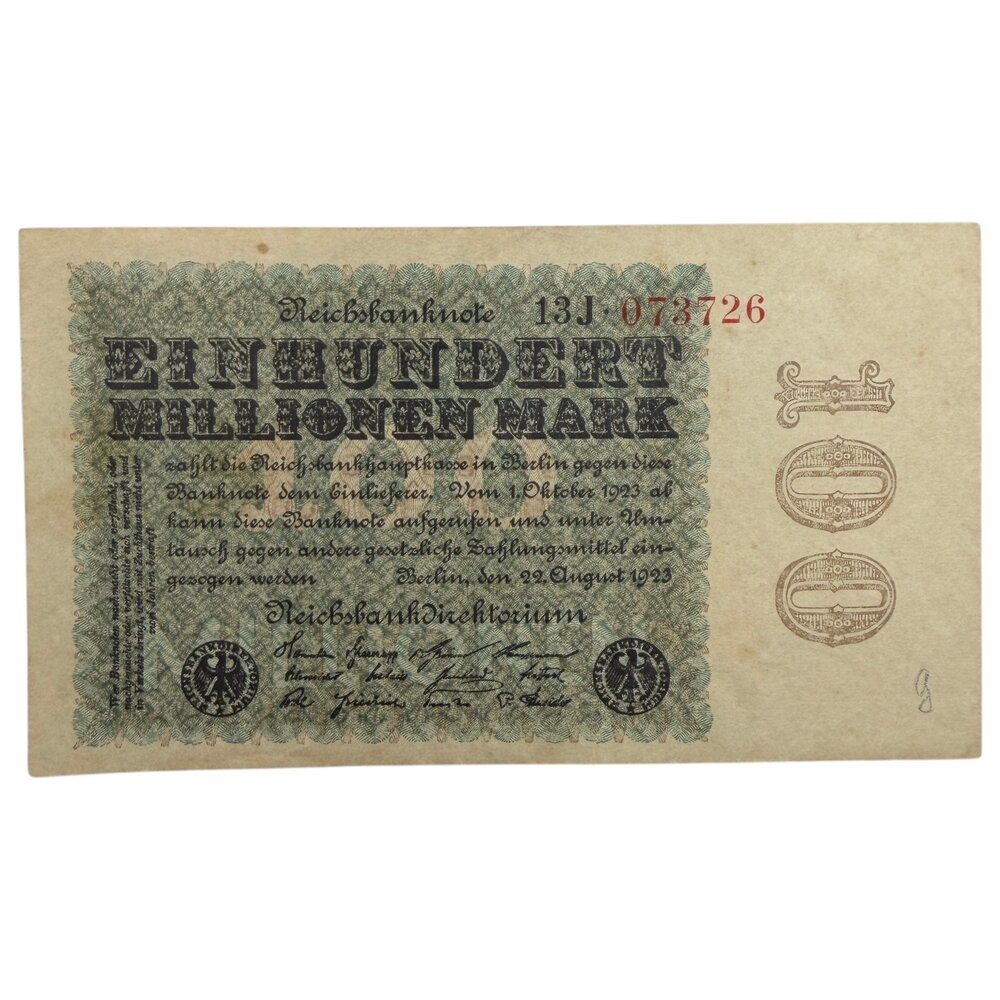Веймарская республика 100000000 (100 миллионов) марок 1923 г. (ВЗ - Цветы) (Без волокон) (Серия 13J)