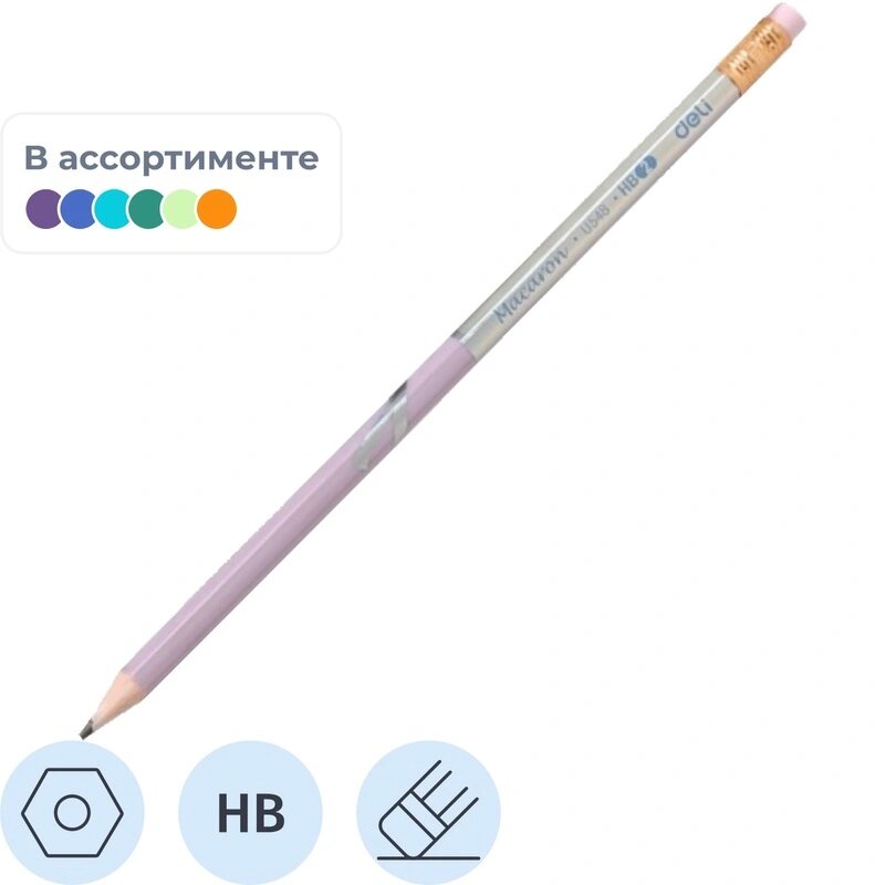 Карандаш чернографитный Deli Macaron EU54800 HB шестигр, корпус в ассорт