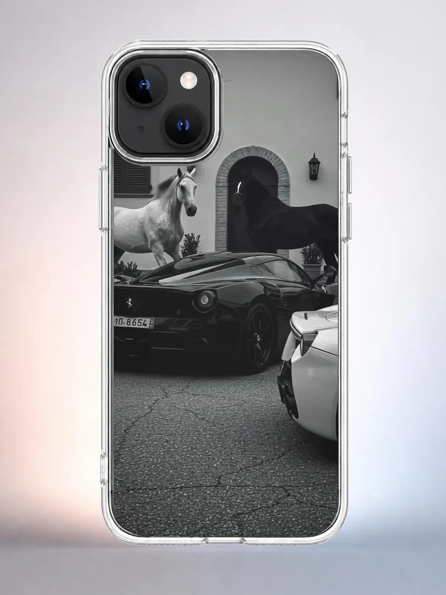 Чехол iPhone 13 лошади и Феррари силиконовый прозрачный