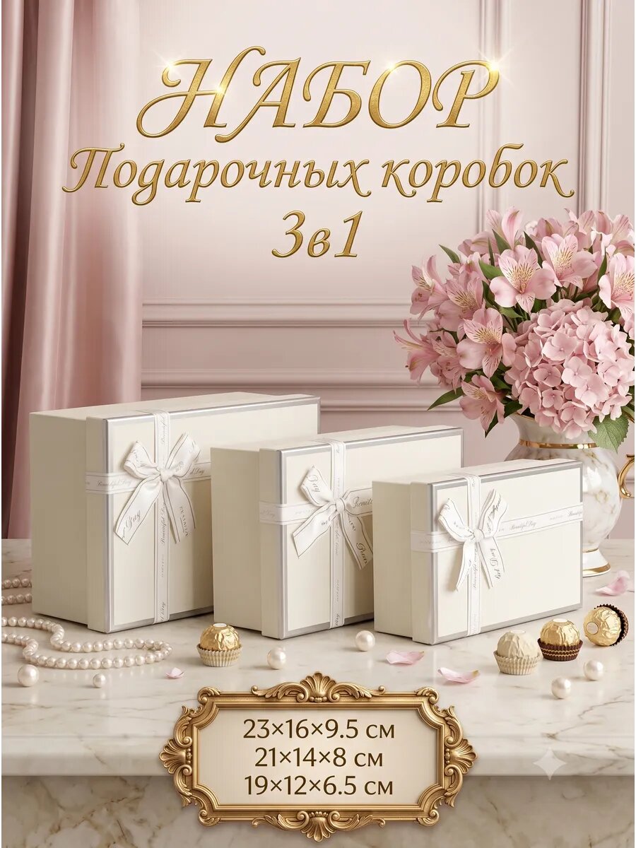 Набор подарочных коробок 3 в 1 прямоугольные с бантом, белый, 23 × 16 × 9.5 см; 21 × 14 × 8 см; 19 × 12 × 6.5 см