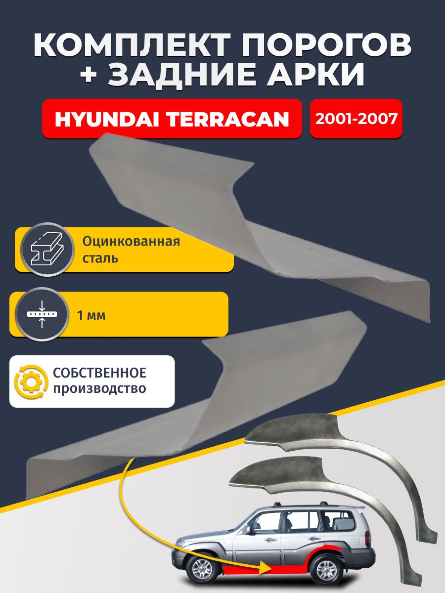 Комплект задних ремонтных арок, 0.8 мм. и комплект порогов 1 мм. для Hyundai Terracan 2001 - 2007 (Хендай Терракан). Оцинкованная сталь. Кузовной ремонт.