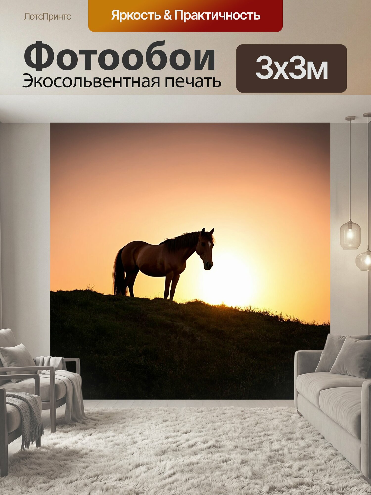 Фотообои "Лошадь, приветствующая восход солнца на вершине холма" 300x300 см. экосольвентная печать