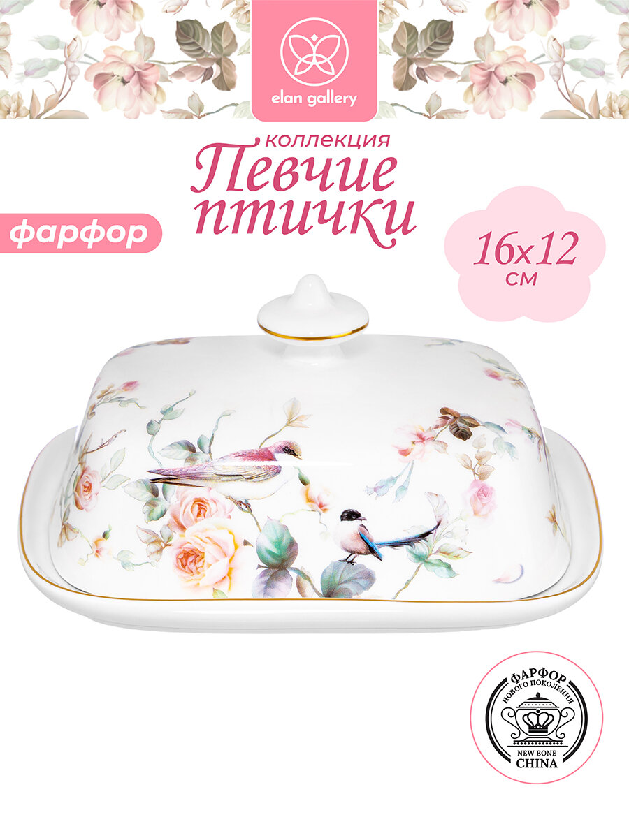 Масленка для сливочного масла Elan Gallery Певчие птички, фарфоровая, с крышкой