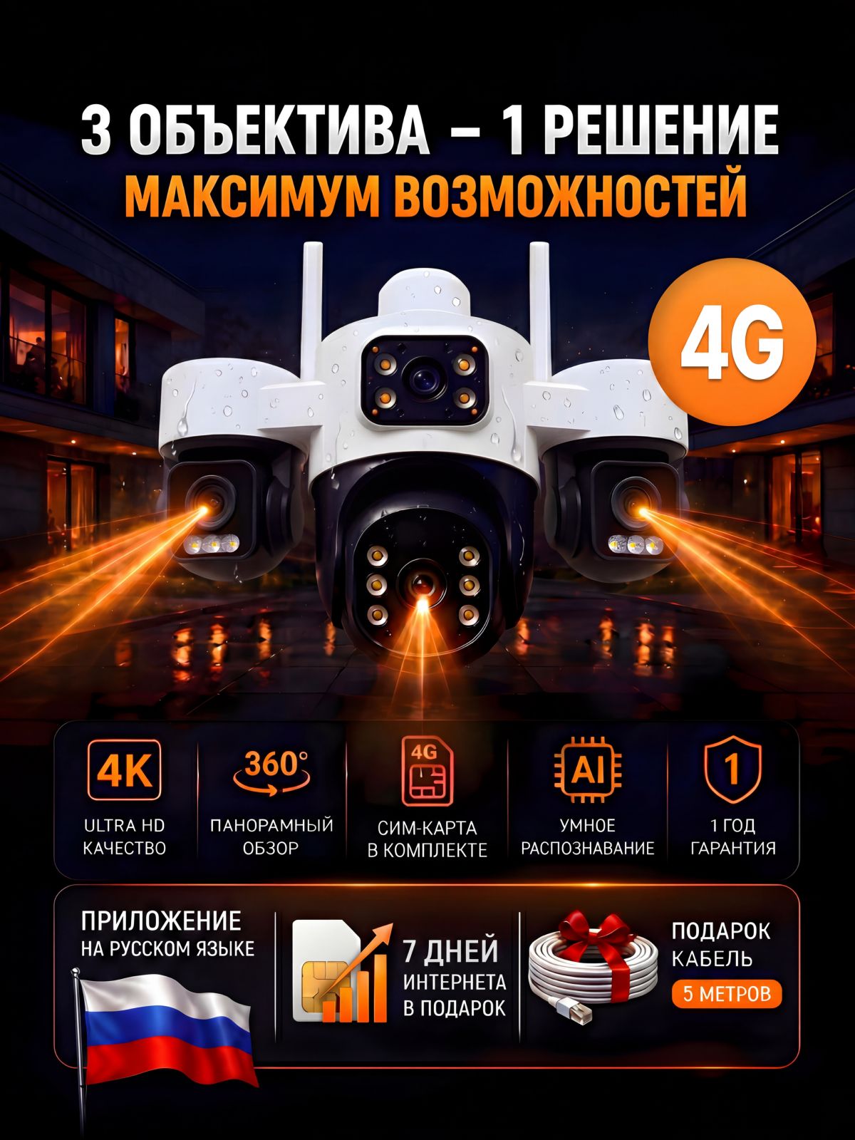 Камера видеонаблюдения 4G уличная с тремя объективами, зумом 10x, с ночным видением и датчиком движения