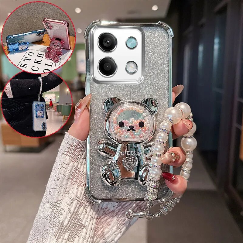 Милый 3D-чехол Для Телефона С Мультяшным Медведем И Блестящей Жемчужной Цепочкой Для Xiaomi Redmi Note 13 Pro 14S 4G 5G X6 - .